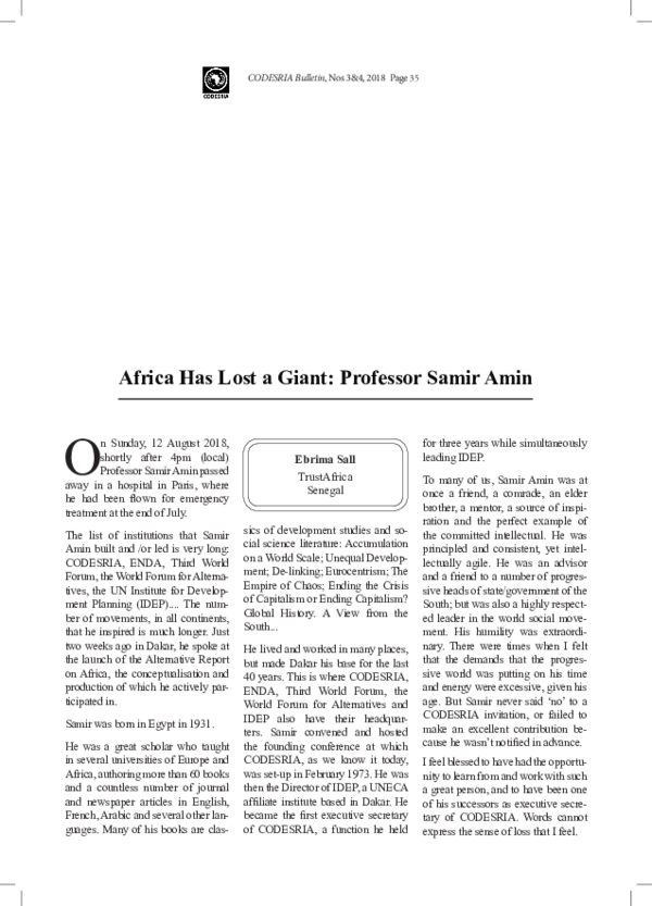 (PDF) 18 - Africa Has Lost a Giant: Professor Samir Amin