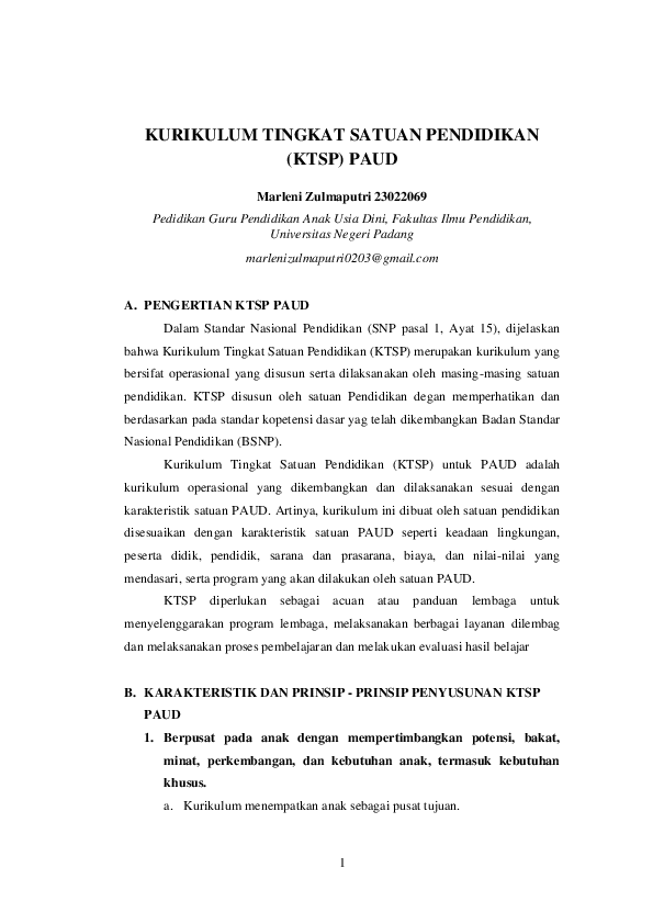 (PDF) KURIKULUM TINGKAT SATUAN PENDIDIKAN (KTSP) PAUD
