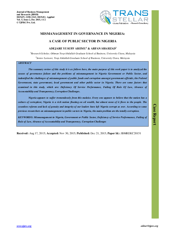 (PDF) Mismanagement in Governance in Nigeria: A Case of Public Sector in Nigeria