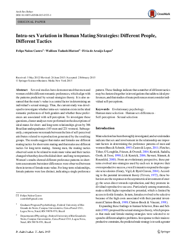 (PDF) Intra-sex Variation in Human Mating Strategies: Different People, Different Tactics