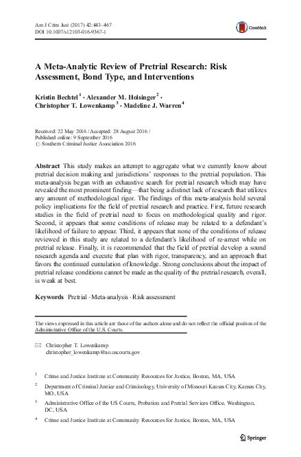 (PDF) A Meta-Analytic Review of Pretrial Research: Risk Assessment, Bond Type, and Interventions