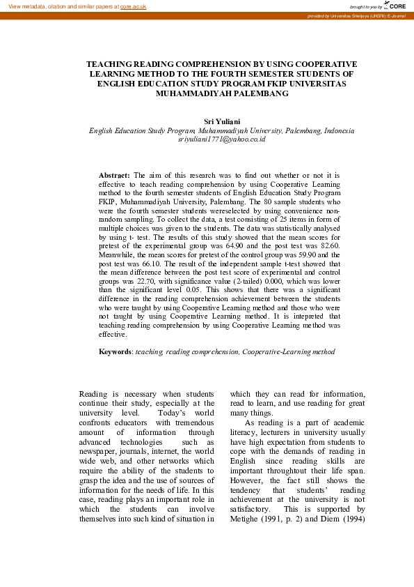 (PDF) Teaching Reading Comprehension by Using Cooperative Learning ...