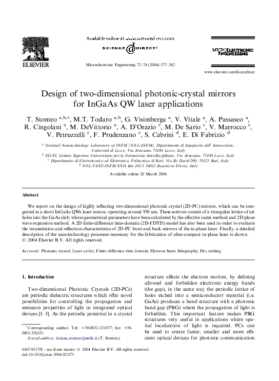 (PDF) Design of two-dimensional photonic-crystal mirrors for InGaAs QW laser applications