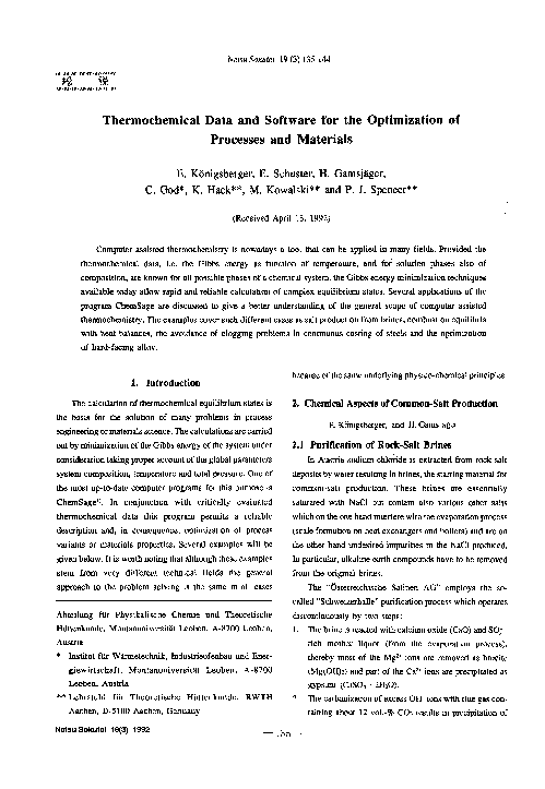(PDF) Thermochemical Data and Software for the Optimization of ...