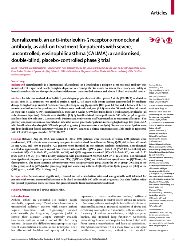 (PDF) Benralizumab, an anti-interleukin 5 receptor α monoclonal ...