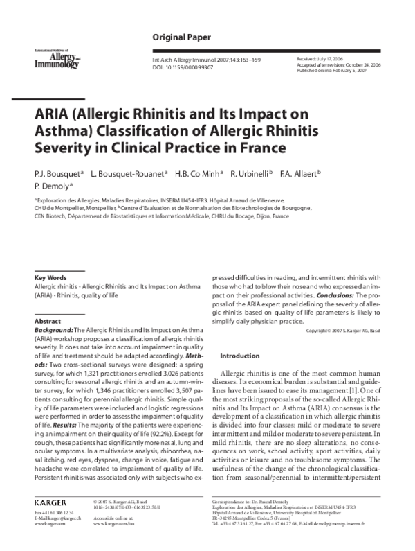 (PDF) ARIA (Allergic Rhinitis and Its Impact on Asthma) Classification of Allergic Rhinitis ...