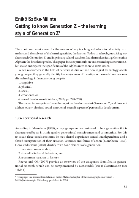 (PDF) Enikő Szőke-Milinte Getting to know Generation Z -the learning style of Generation Z 1