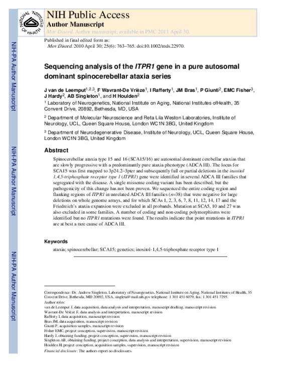 (PDF) Sequencing analysis of the ITPR1 gene in a pure autosomal ...