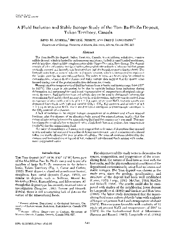 (PDF) A fluid inclusion and stable-isotope study of the Tom Ba-Pb-Zn ...