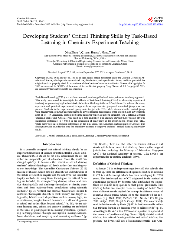 (PDF) Developing Students’ Critical Thinking Skills by Task-Based Learning in Chemistry ...