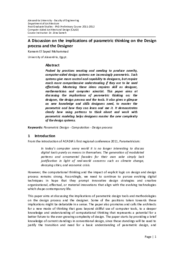 (PDF) A Discussion on the implications of Parametric thinking on the design process and the designer
