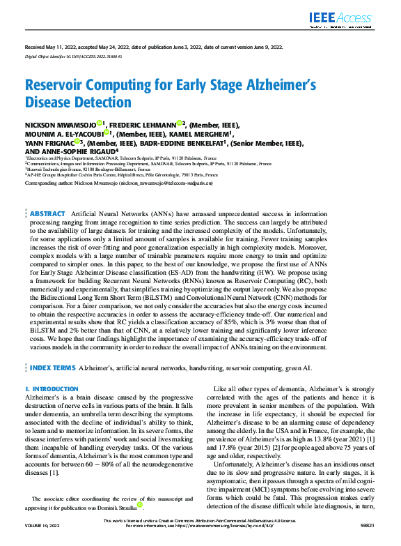 (PDF) Reservoir Computing for Early Stage Alzheimer’s Disease Detection