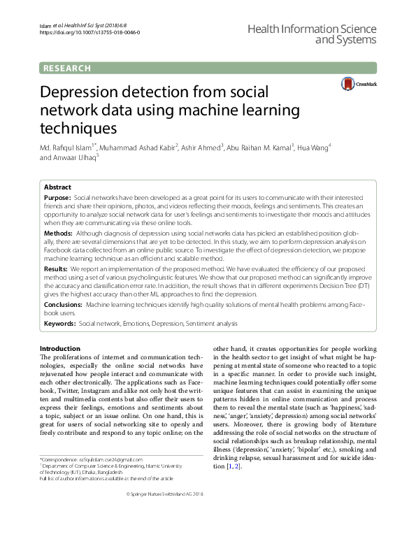 (PDF) Depression detection from social network data using machine ...