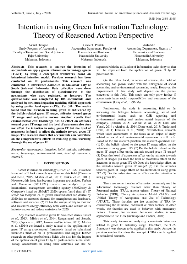 (PDF) Intention in using Green Information Technology: Theory of Reasoned Action Perspective