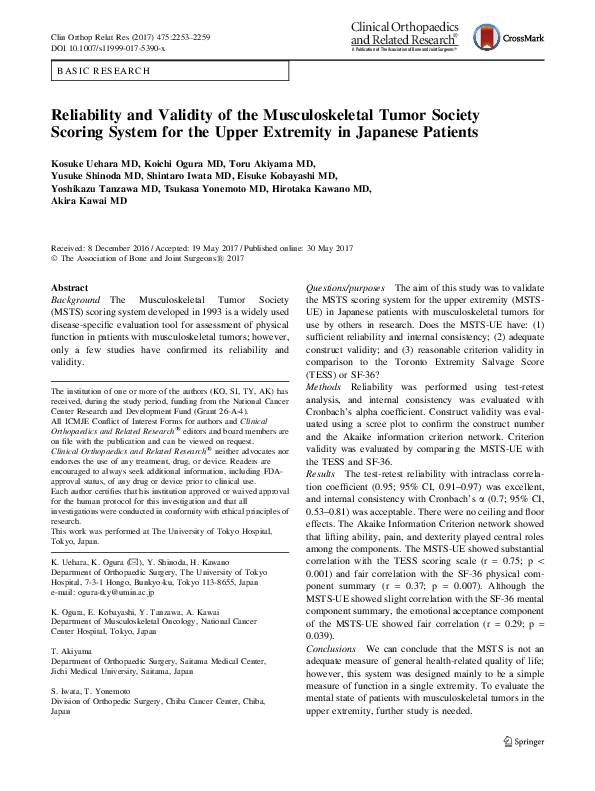 (PDF) Reliability and Validity of the Musculoskeletal Tumor Society ...
