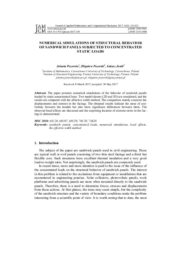 (PDF) Numerical simulations of structural behavior of sandwich panels subjected to concentrated ...