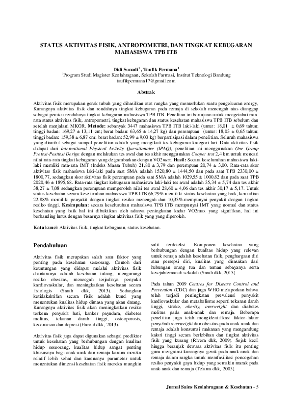(PDF) Status Aktivitas Fisik, Antropometri, Dan Tingkat Kebugaran Mahasiswa TPB Itb
