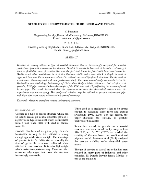 (PDF) Stability Of Underwater Structure Under Wave Attack