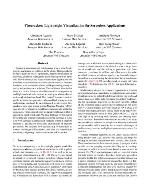 (PDF) Firecracker: Lightweight Virtualization for Serverless Applications