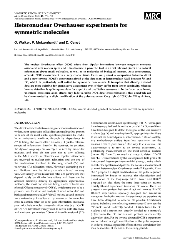 (PDF) Heteronuclear Overhauser experiments for symmetric molecules