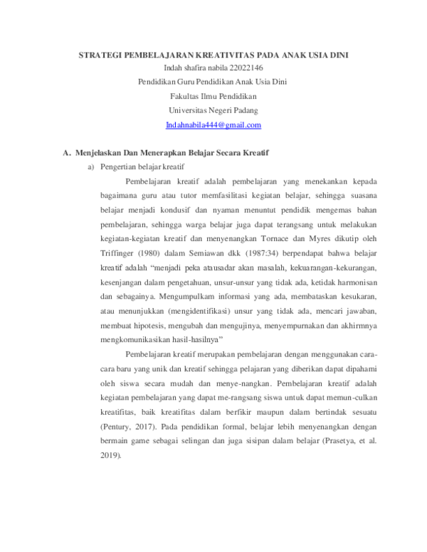 (PDF) STRATEGI PEMBELAJARAN KREATIVITAS PADA ANAK USIA DINI