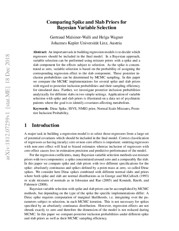 (PDF) Comparing Spike and Slab Priors for Bayesian Variable Selection
