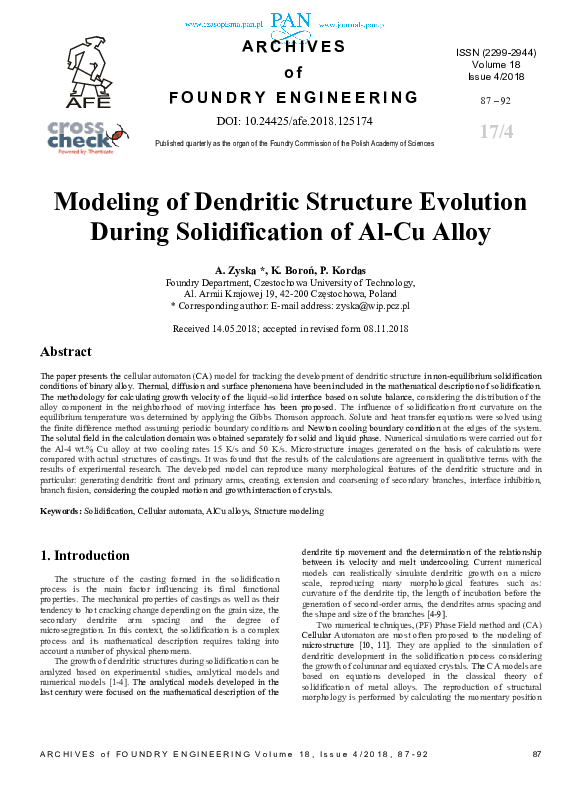 (PDF) Modeling of Dendritic Structure Evolution During Solidification of Al-Cu Alloy