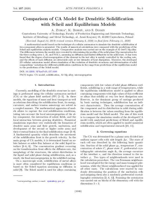 (PDF) Comparison of CA Model for Dendritic Solidification with Scheil ...
