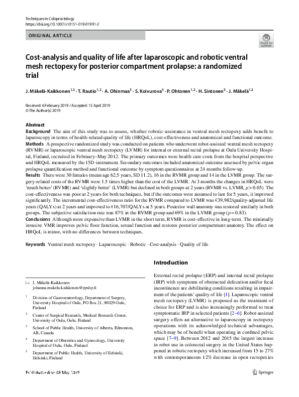 (PDF) Cost-analysis and quality of life after laparoscopic and robotic ...