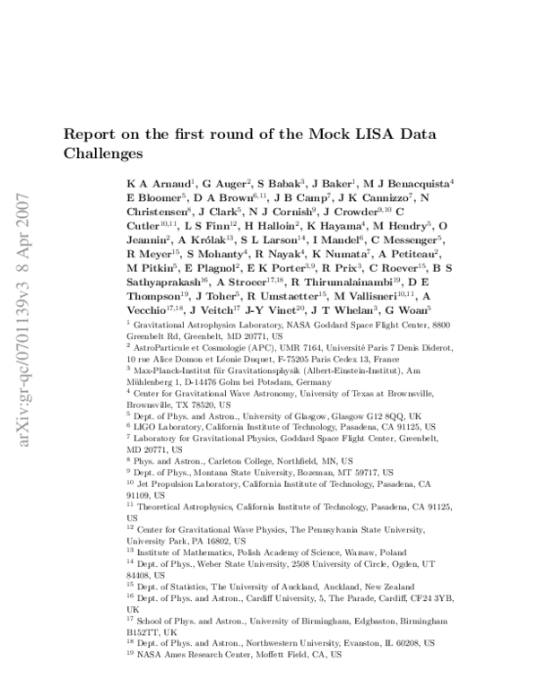 Pdf Report On The First Round Of The Mock Lisa Data Challenges