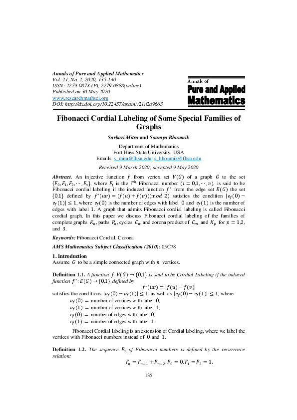 (PDF) Fibonacci Cordial Labeling of Some Special Families of Graphs
