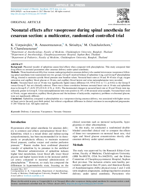 (PDF) Neonatal effects after vasopressor during spinal anesthesia for ...
