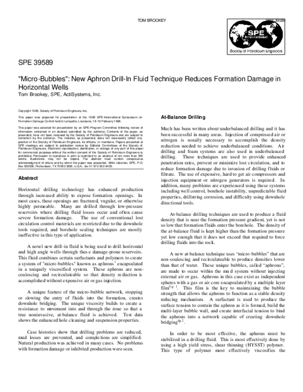 (PDF) Micro-Bubbles": New Aphron Drill-In Fluid Technique Reduces Formation Damage in Horizontal ...