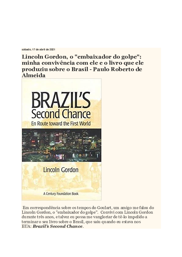 (PDF) Lincoln Gordon, o "embaixador do golpe"; resenhas de seus livros
