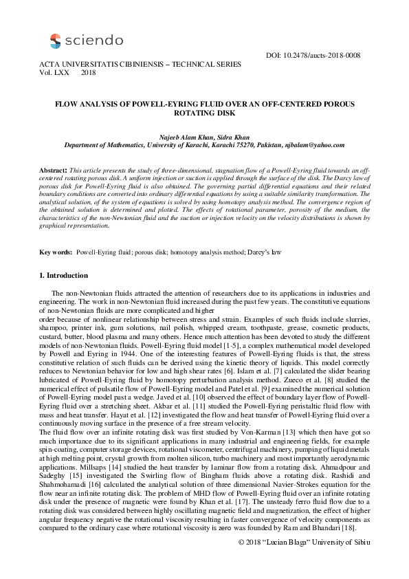 (PDF) Flow Analysis of Powell-Eyring Fluid Over an Off-Centered Porous Rotating Disk