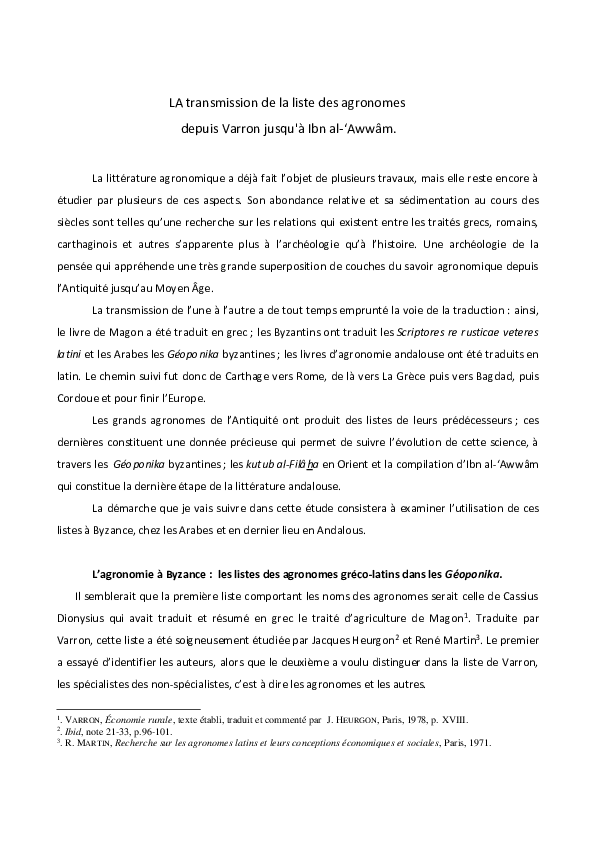 (PDF) LA transmission de la liste des agronomes depuis Varron jusqu'à ...