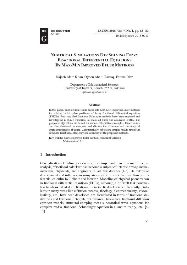 Pdf Numerical Simulations For Solving Fuzzy Fractional Differential Equations By Max Min