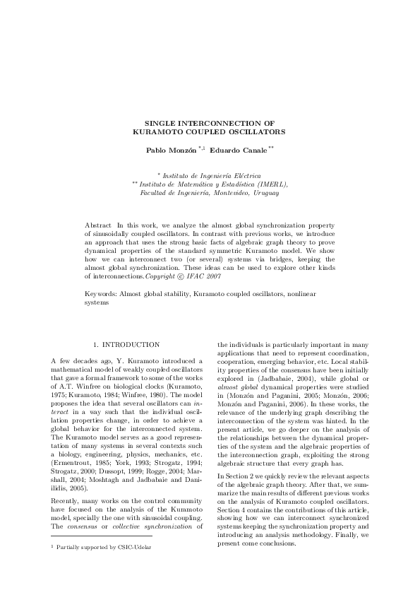 (PDF) Single Interconnection of Kuramoto Coupled Oscillators | Pablo ...