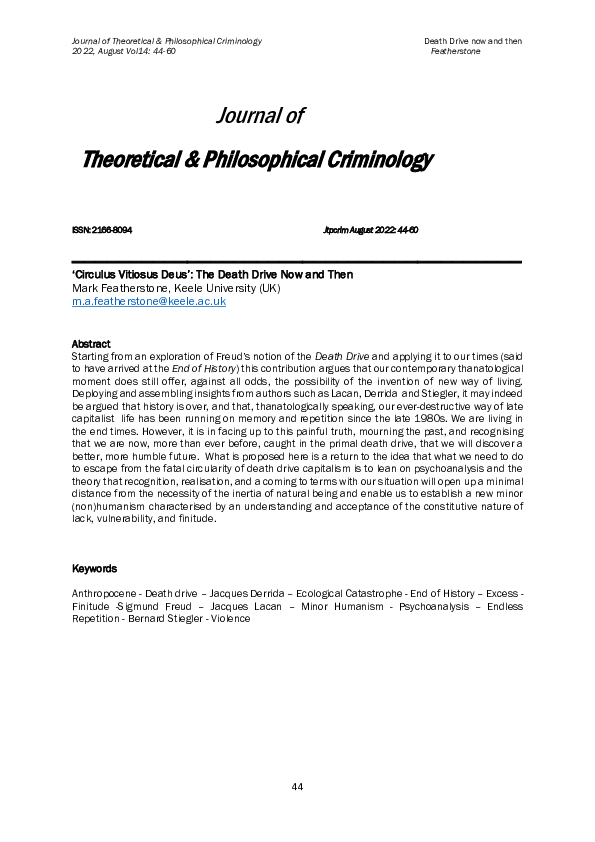 (PDF) ‘Circulus Vitiosus Deus’: The Death Drive Now and Then