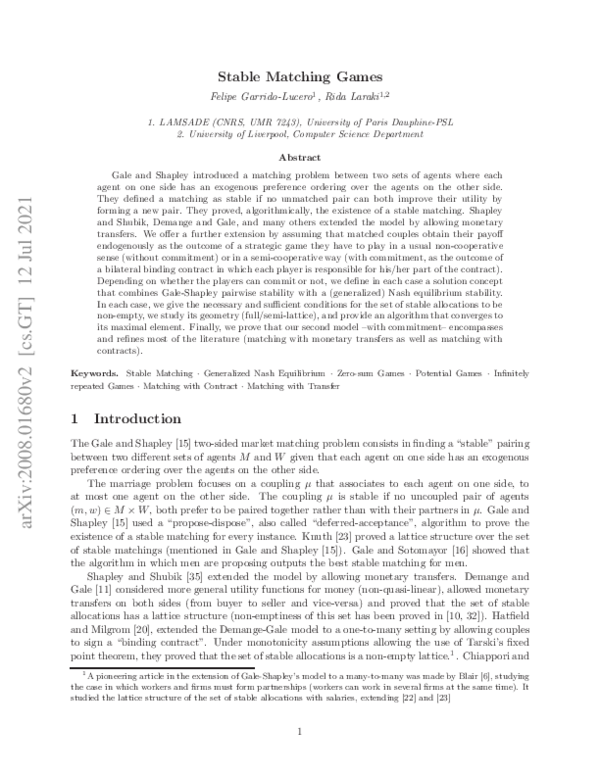 (PDF) Stable Matching Games