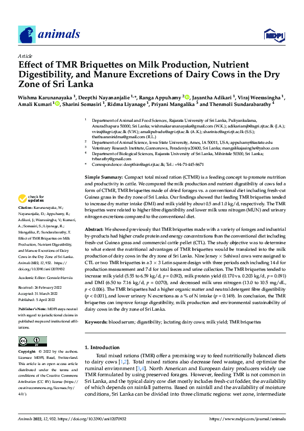 (PDF) Effect of TMR Briquettes on Milk Production, Nutrient ...