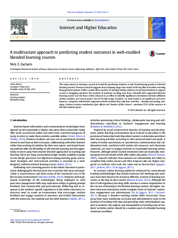 (PDF) A multivariate approach to predicting student outcomes in web-enabled blended learning courses