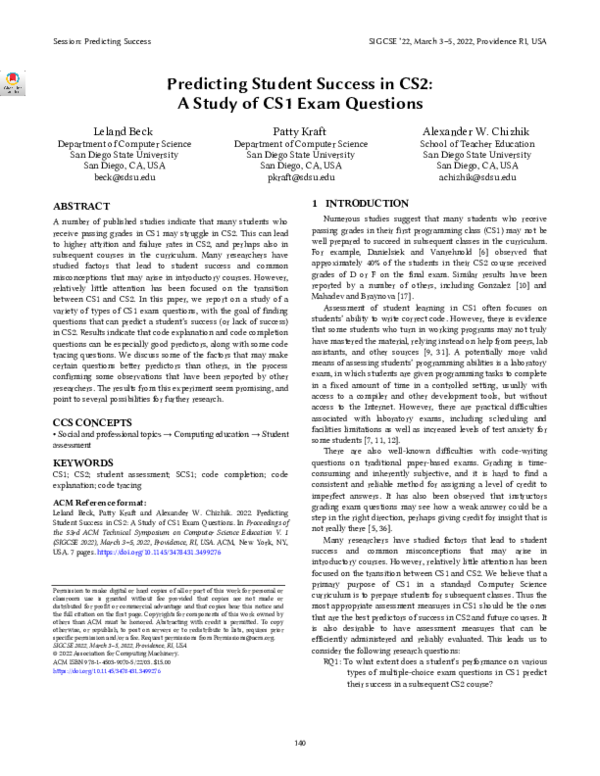 (PDF) Predicting Student Success in CS2