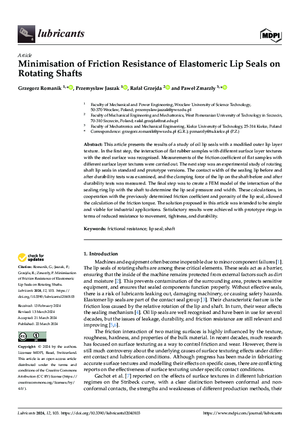 (PDF) Minimisation of Friction Resistance of Elastomeric Lip Seals on ...