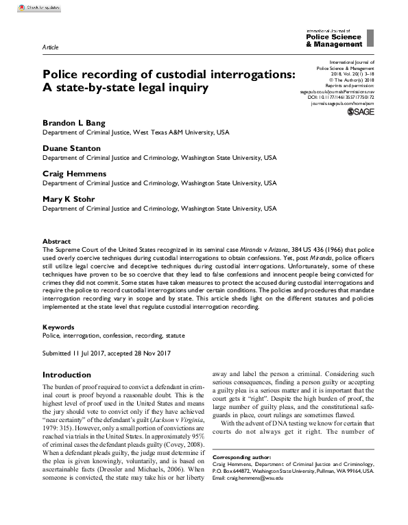 (PDF) Police recording of custodial interrogations