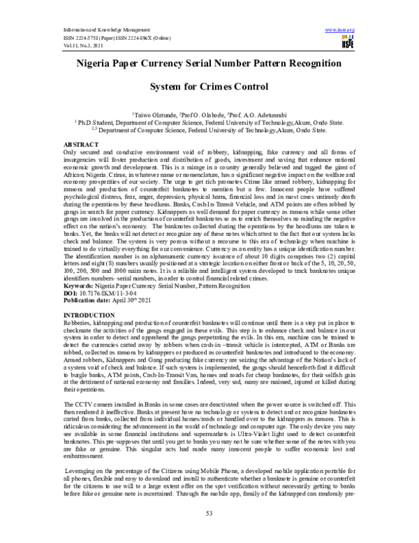 (PDF) Nigeria Paper Currency Serial Number Pattern Recognition System ...