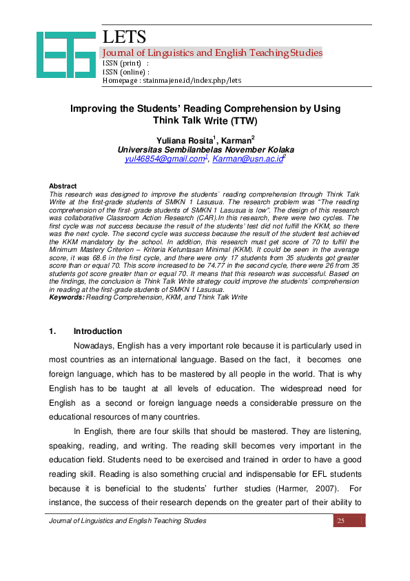 (PDF) Improving the Students’ Reading Comprehension by Using Think Talk ...