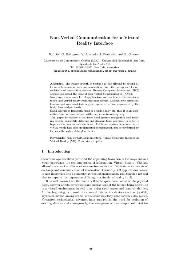 (PDF) Non-Verbal Communication for a Virtual Reality Interface