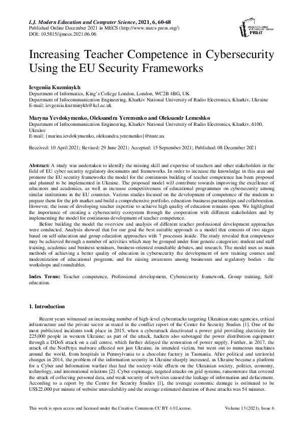 (PDF) Increasing Teacher Competence in Cybersecurity Using the EU Security Frameworks