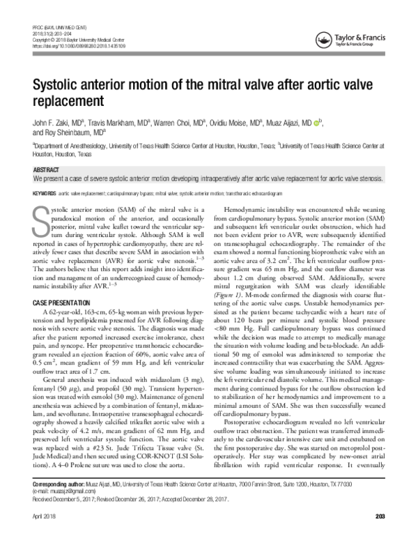 (PDF) Systolic anterior motion of the mitral valve after aortic valve ...